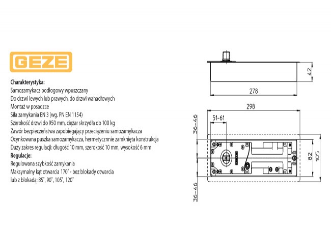 Samozamykacz podłogowy GEZE TS 500N z blokadą 90 stopni (siła EN 3) i z ...